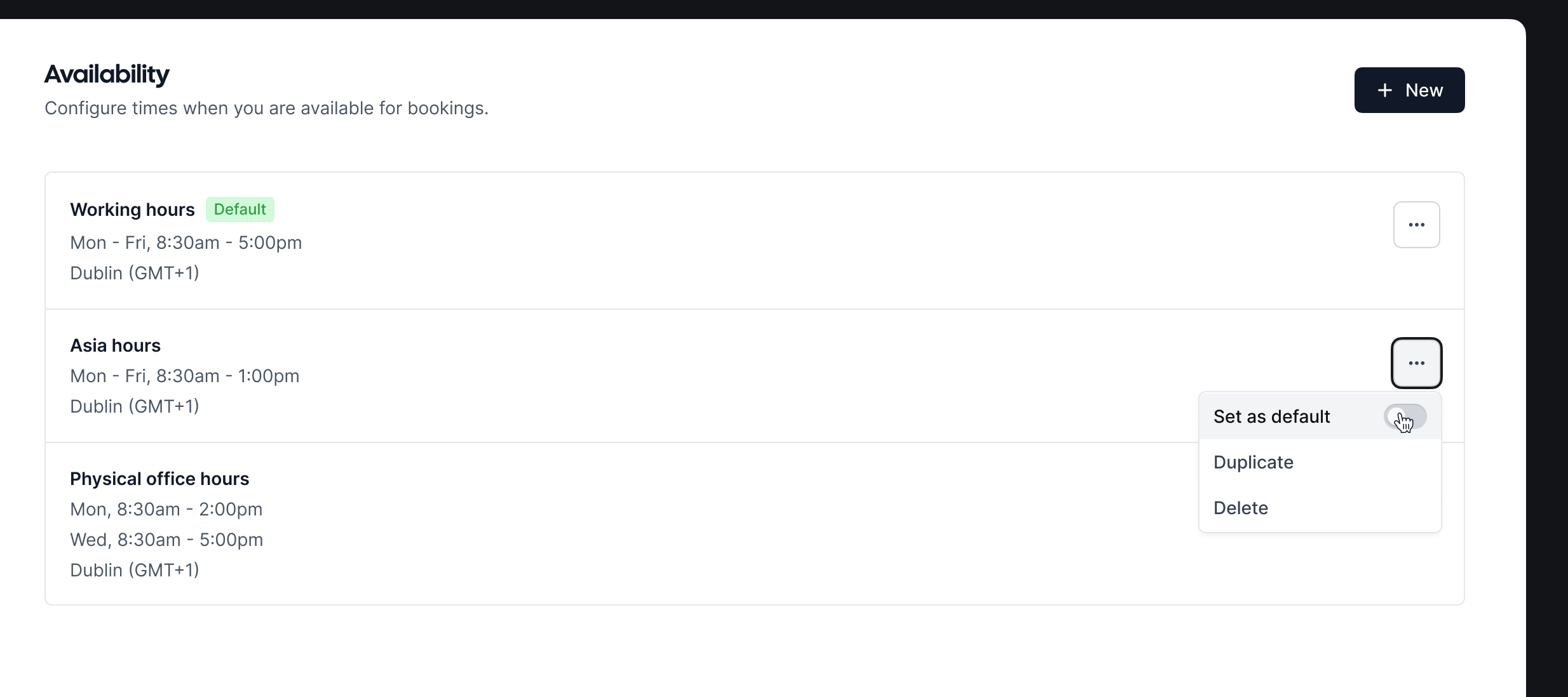 Availability Add Ability To Set As Default In The Dropdown · Issue 4443 · Calcom