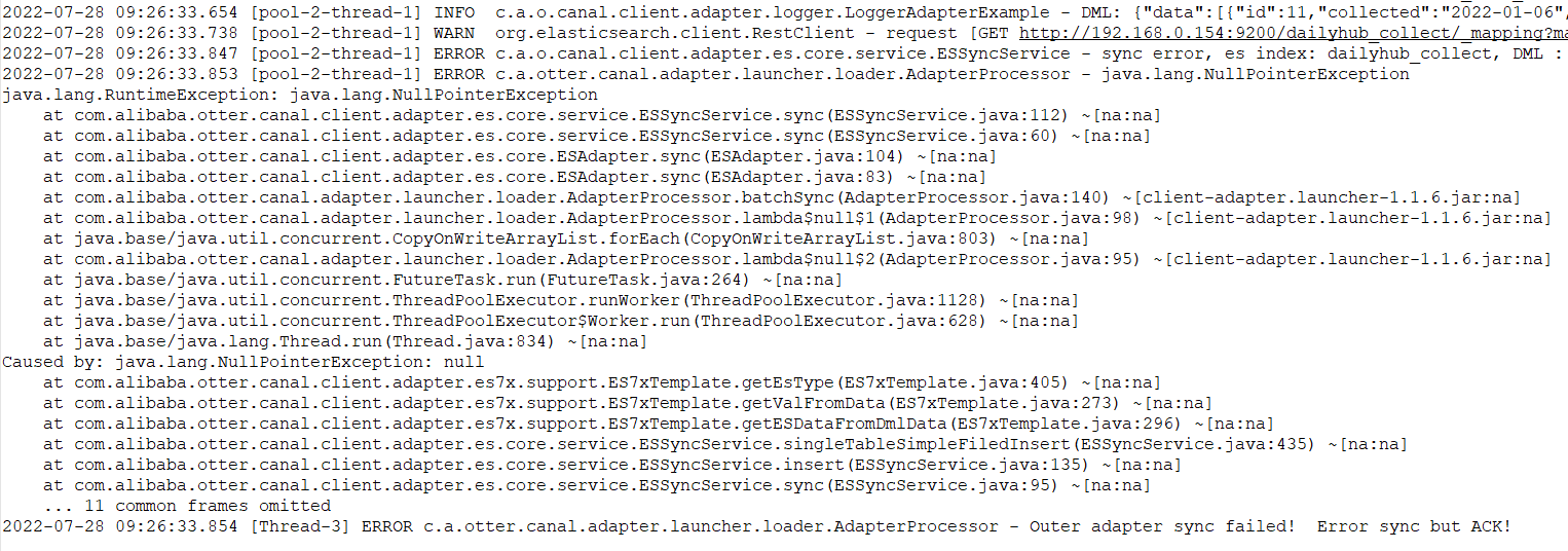adapter同步简单sql数据到es报空指针的问题，头疼！！！求大佬赐教！！！ · Issue #4323 · alibaba/canal · GitHub