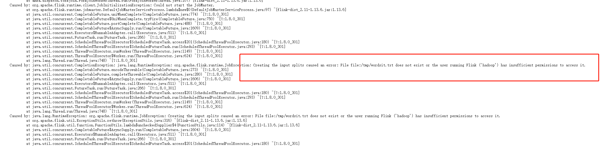 Creating the input splits caused an error: File file:/tmp/wordsit.txt does not exist or the user ...