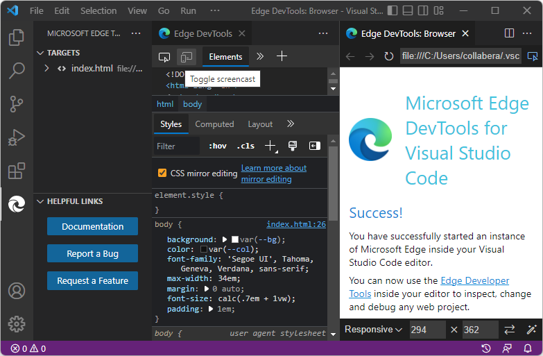 Change "screencast" UI string to "browser" · Issue #1235 · microsoft/vscode-edge-devtools · GitHub