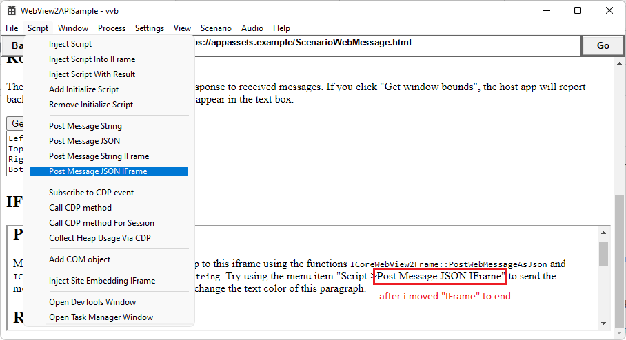 ScenarioWebMessage.html says menuitem "IFrame Post Message JSON" instead of "Post Message JSON ...