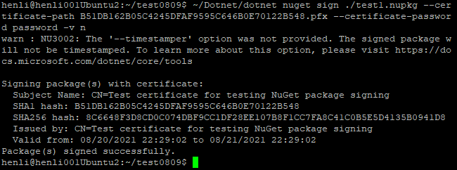 [Cross-platform Dotnet Nuget Sign] Unexpected warning “NU3018: UntrustedRoot: self signed ...