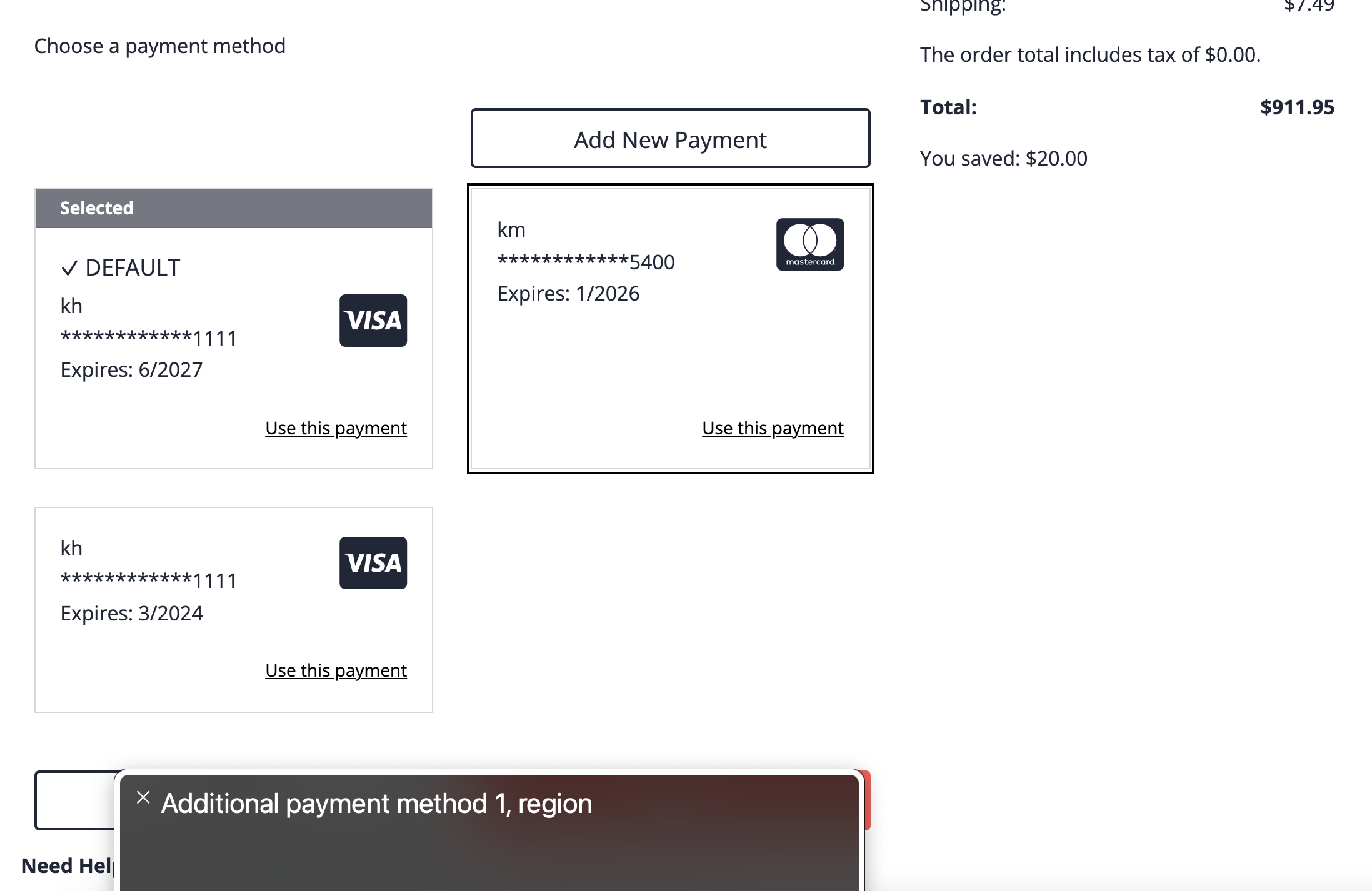 Payment method card doesn't vocalize the fact that it contains the ...