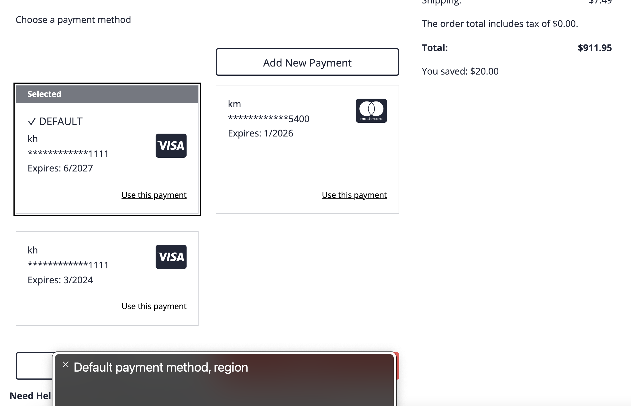 Payment method card doesn't vocalize the fact that it contains the ...