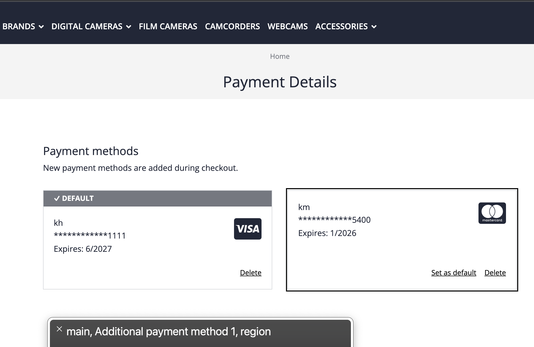 Payment method card doesn't vocalize the fact that it contains the ...