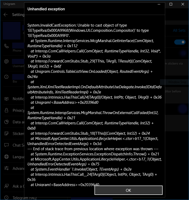 Error on opening profiles, settings>Stickers, replying/editing messages ...