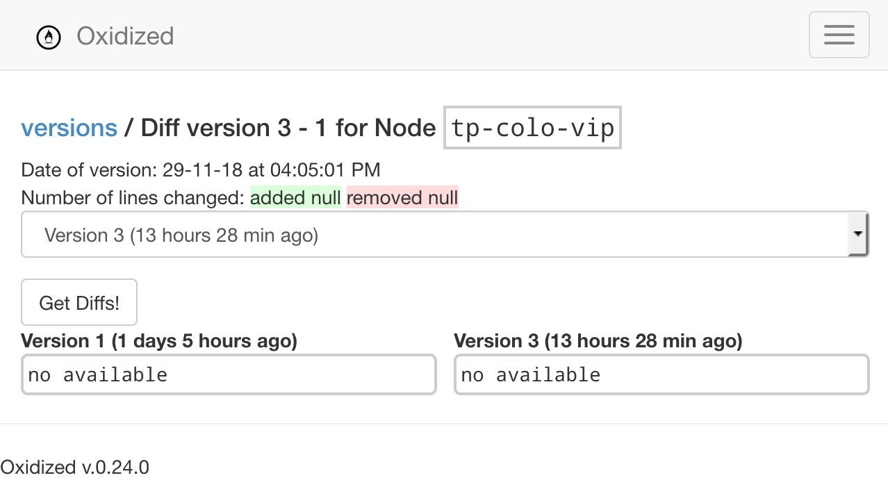 Get Diffs results in no available · Issue #176 · ytti/oxidized-web · GitHub