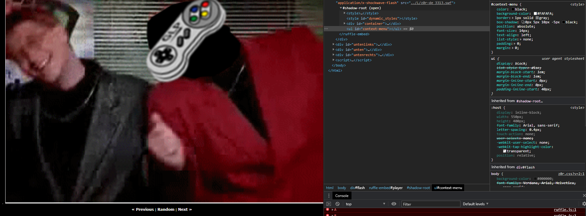 on loading of ruffle, the context menu is a 2px by 2px square at the ...