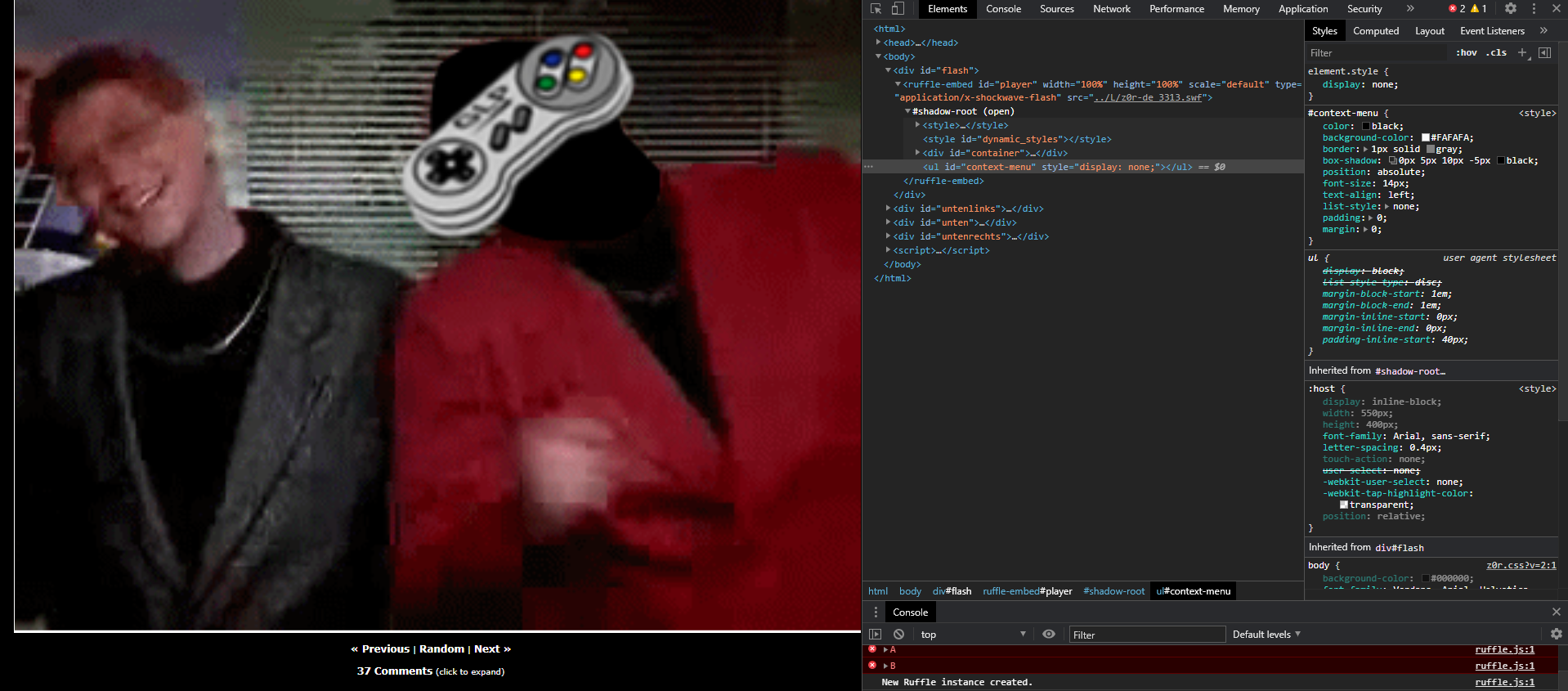 on loading of ruffle, the context menu is a 2px by 2px square at the ...