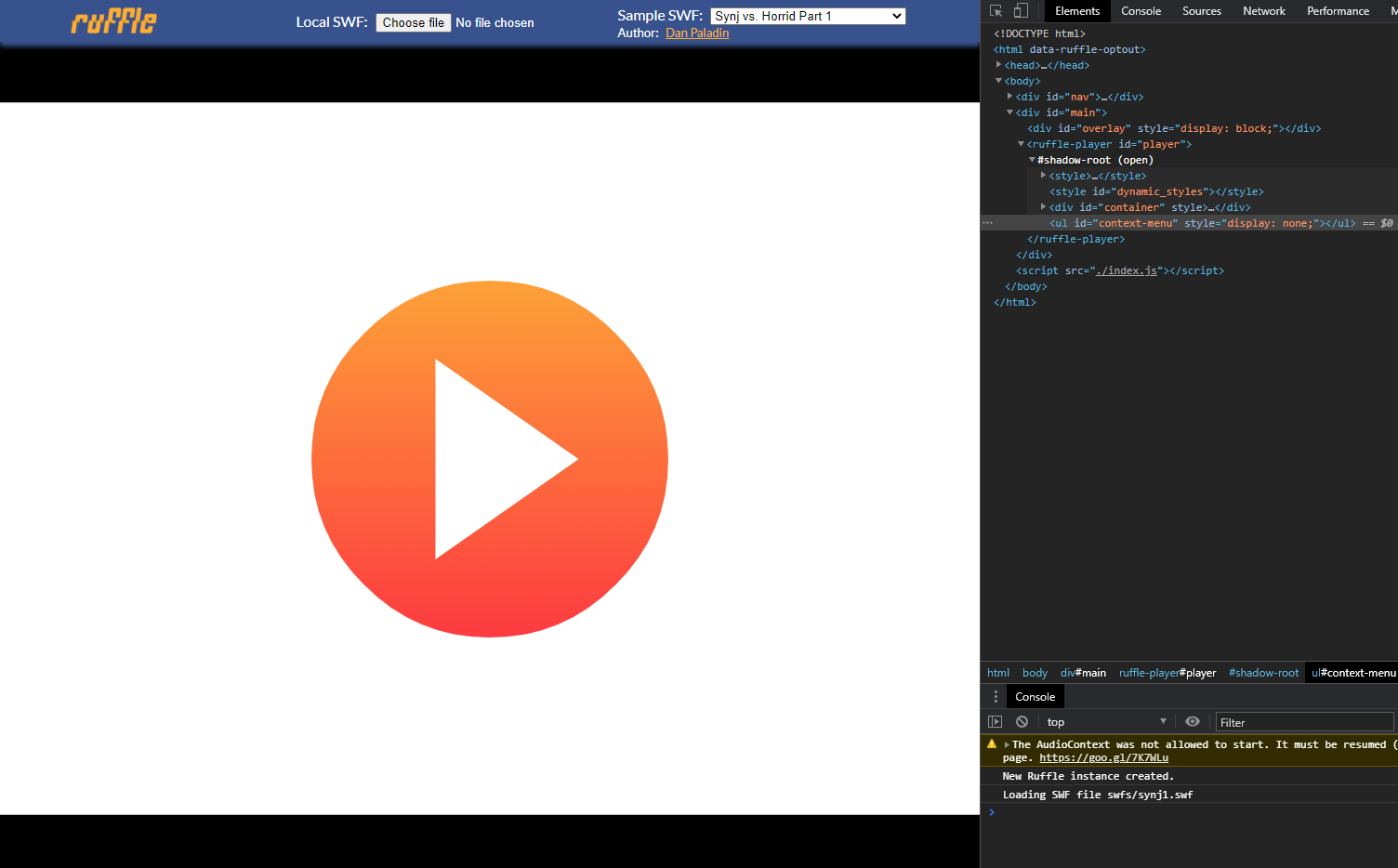 on loading of ruffle, the context menu is a 2px by 2px square at the bottom left hand side of ...