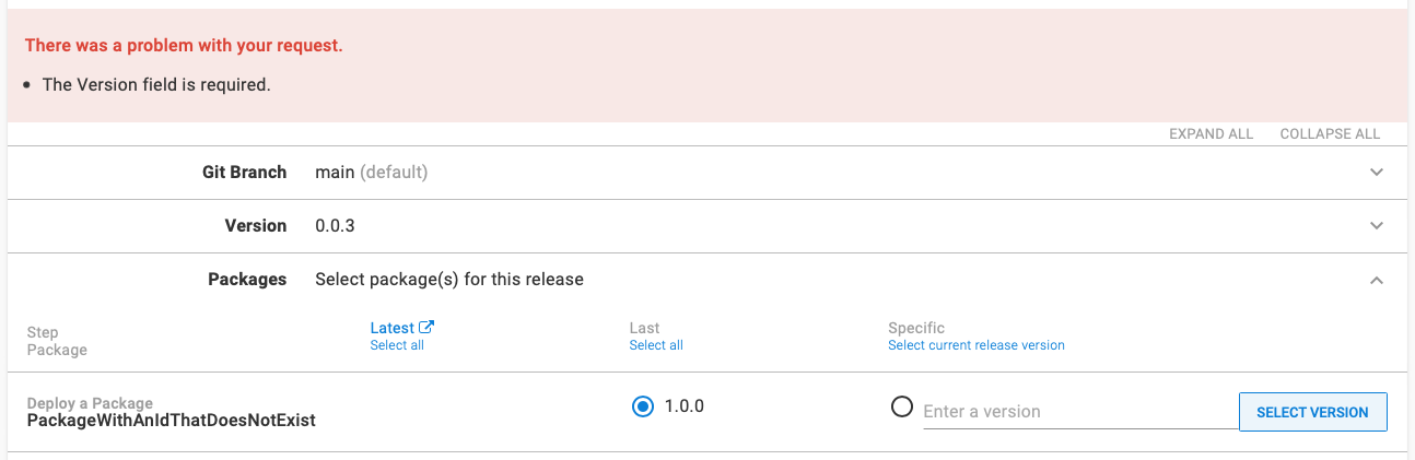 Creating release in Git project when package does not exist shows The Version field is required ...