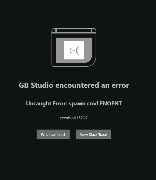 Uncaught Error: spawn cmd ENOENT / events.js:L167C:7 · Issue #319 · chrismaltby/gb-studio · GitHub