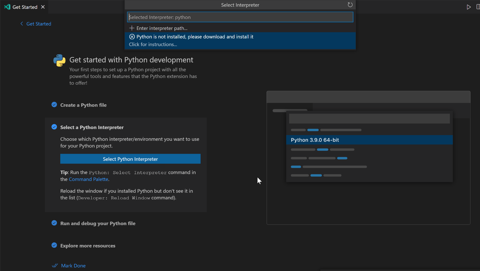 Test New Getting Started Walkthrough When Python Isn t Installed