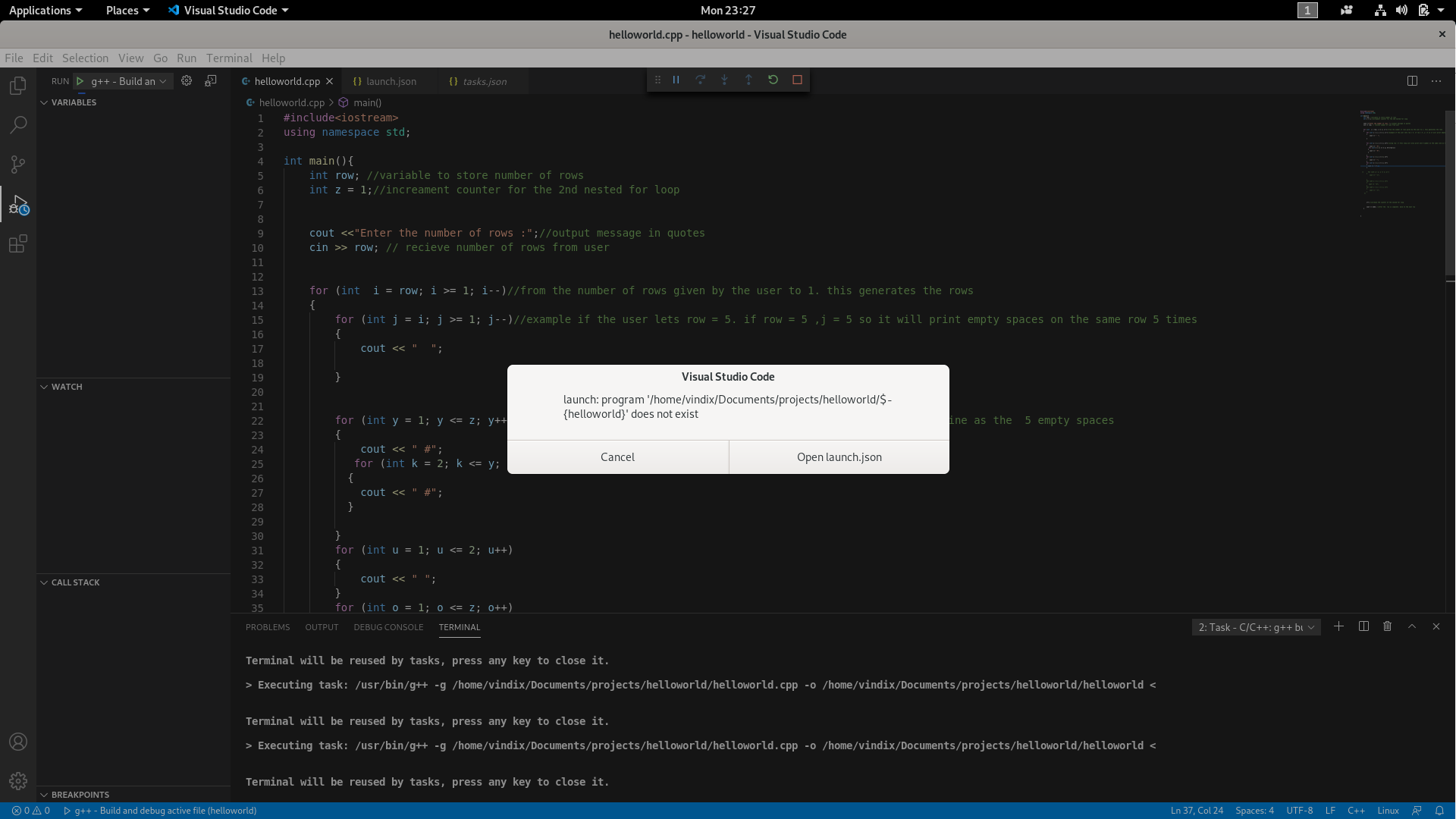launch:'filedirectory/$-{helloworld}' does not exist visual code kali ...