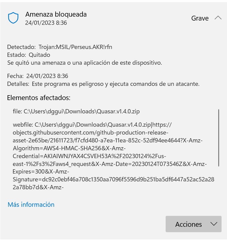 Trojan:MSIL/Perseus.AKR!rfn detected when downloading Quasar. · Issue #1120 · quasar/Quasar · GitHub