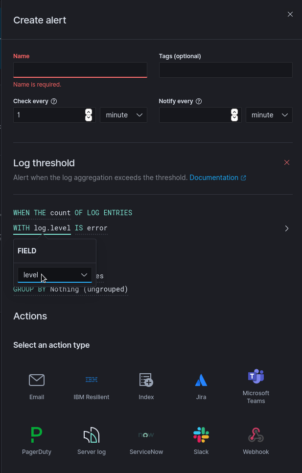 First field cannot be selected in Alerts and Actions Log treshold alert · Issue #84414 · elastic ...
