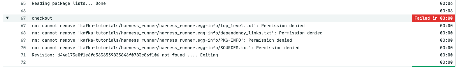 build failure: rm: cannot remove 'kafka-tutorials/harness_runner/harness_runner.egg-info/top ...