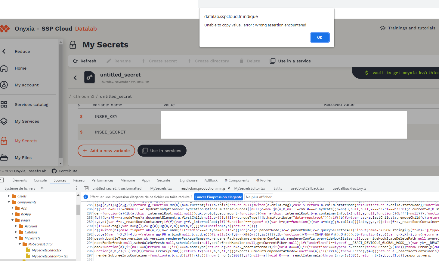 [Minor] bottom Vault copy UI-button does not seem to work · Issue #268 · InseeFrLab/onyxia · GitHub