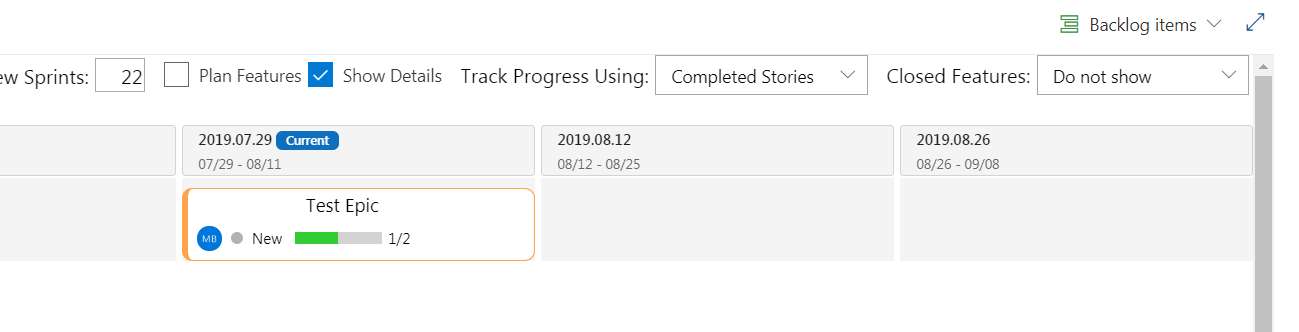 Epic work items in the Feature Timeline and Feature items in the Epic ...