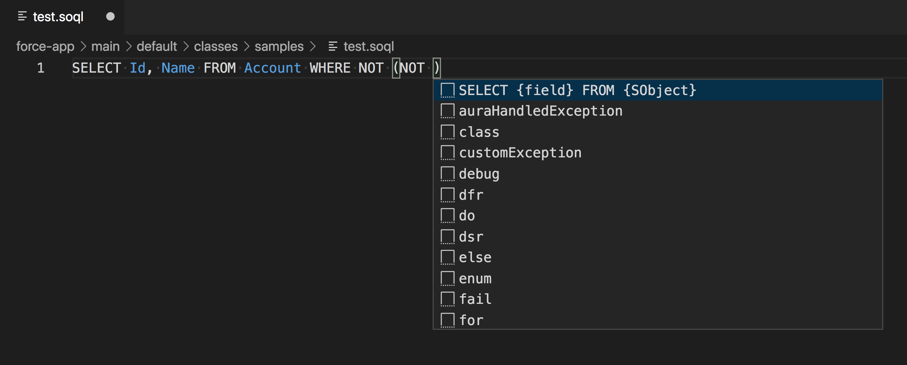 SOQL Language Server - Token 'NOT' not behaving as expected for certain queries · Issue #1744 ...