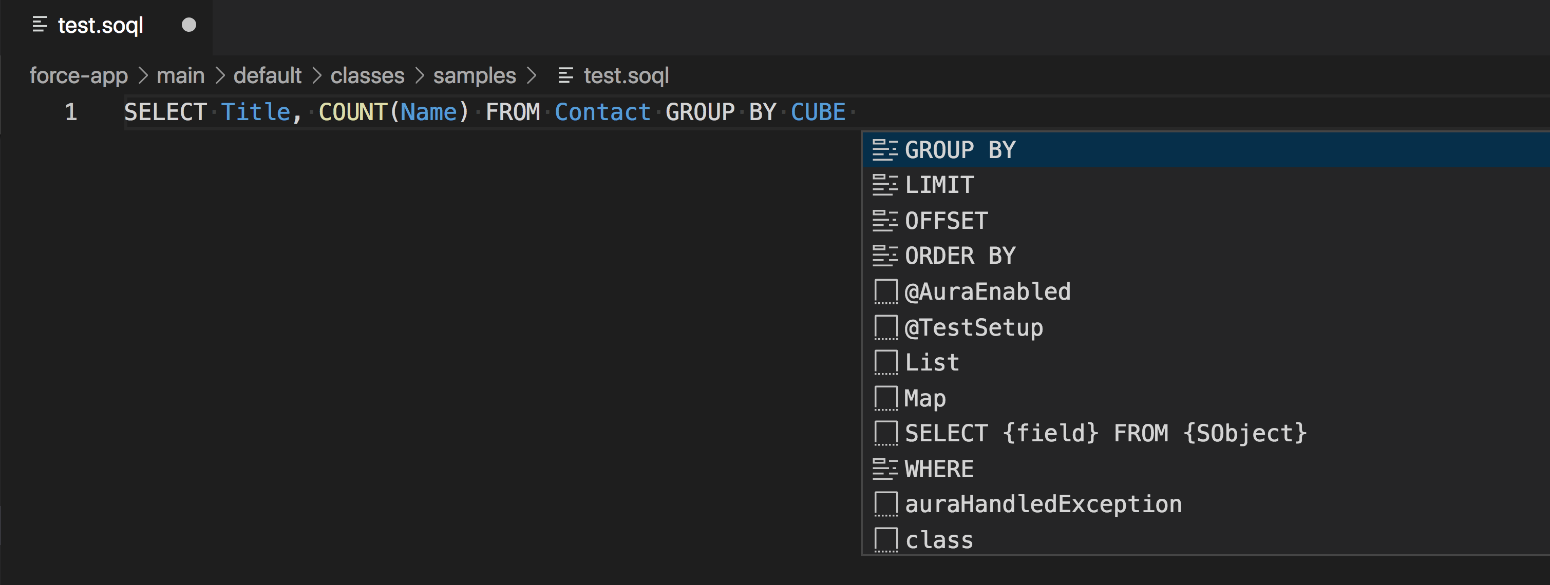 SOQL Language Server - GROUP BY Token Restrictions · Issue #227 · forcedotcom/soql-tooling · GitHub