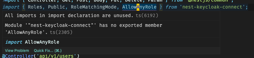 Module '"nest-keycloak-connect"' has no exported member 'AllowAnyRole' · Issue #92 · ferrerojosh ...