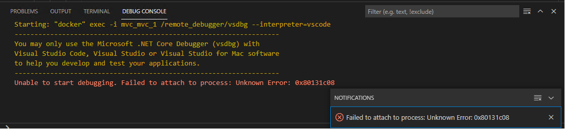[Unstable] Fail to debug the .NET Core project with "Docker .NET Core Attach (Preview ...