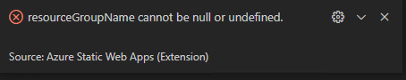 Fail to create a basic Static Web App with an error "resourceGroupName cannot be null or ...
