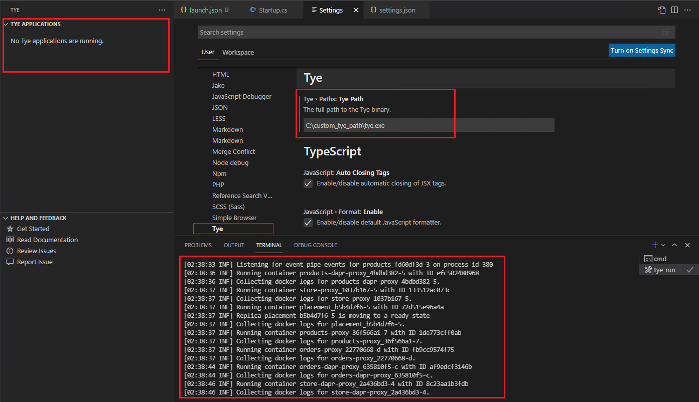 No Tye application is running in the Tye Application view after executing tye-run with setting ...