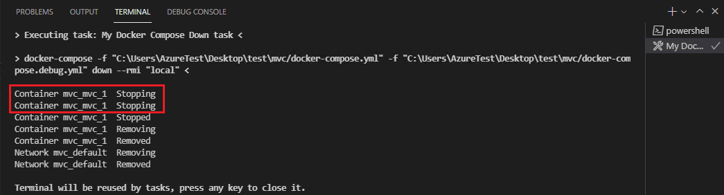 There is a duplicate terminal log when running "Compose Down task" with "Compose V2" enabled ...
