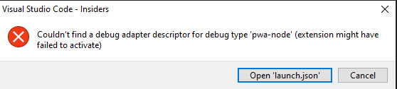 Fail to debug Express app with an error "Couldn't find a debug adapter ...