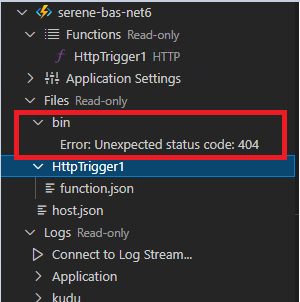 There is an error in the Files -> bin node of .NET 6 Function App after deploying a .NET project ...