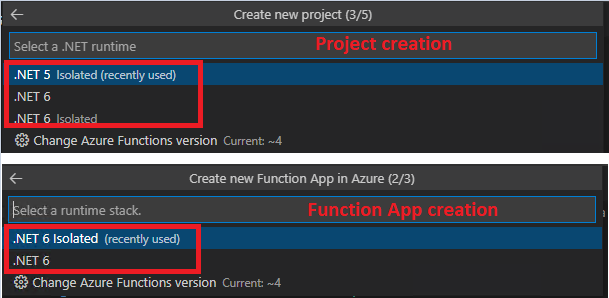 The runtime list of C# language in Function App creation and project ...