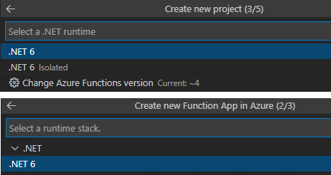 The runtime list of C# language in Function App creation and project ...