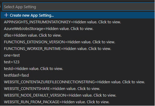 There is no application setting in the "Select App Setting" list when executing "Edit Setting ...