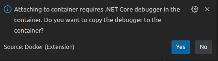 The "copy debugger" notification still pops up when running 'Docker .Net Core Attach (Preview ...