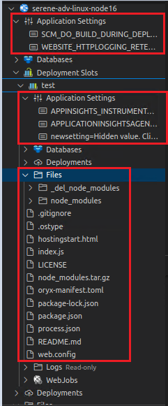 The "Application Settings" & "Files" nodes for web app and its slot are not auto refreshed after ...