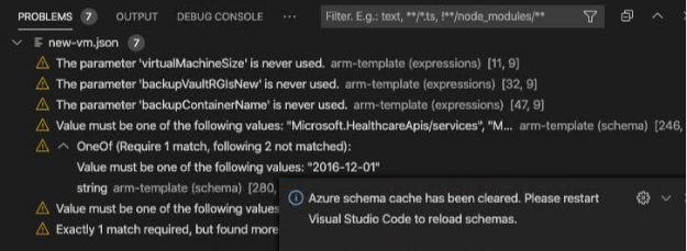 The error and warning about schema also exist in 'PROBLEMS' after executing the command "Reload ...