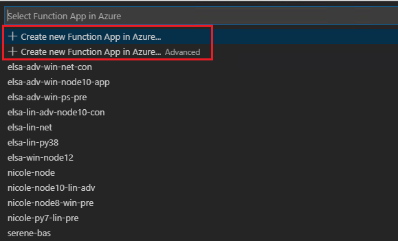 Remove 'Create new Function App in Azure...' from command list when executing 'Stop Streaming ...
