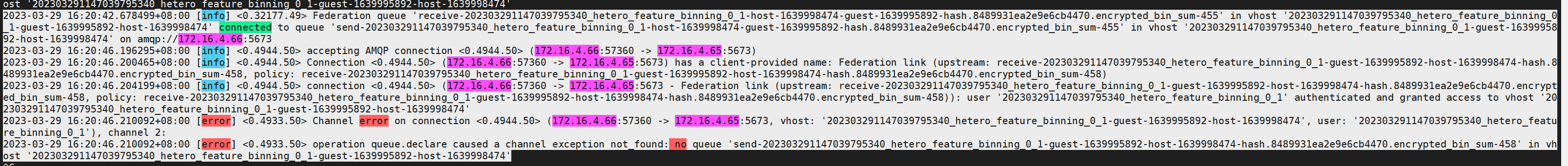 两方纵向特征分箱rabbitmq报错“operation queue.declare caused a channel exception ...