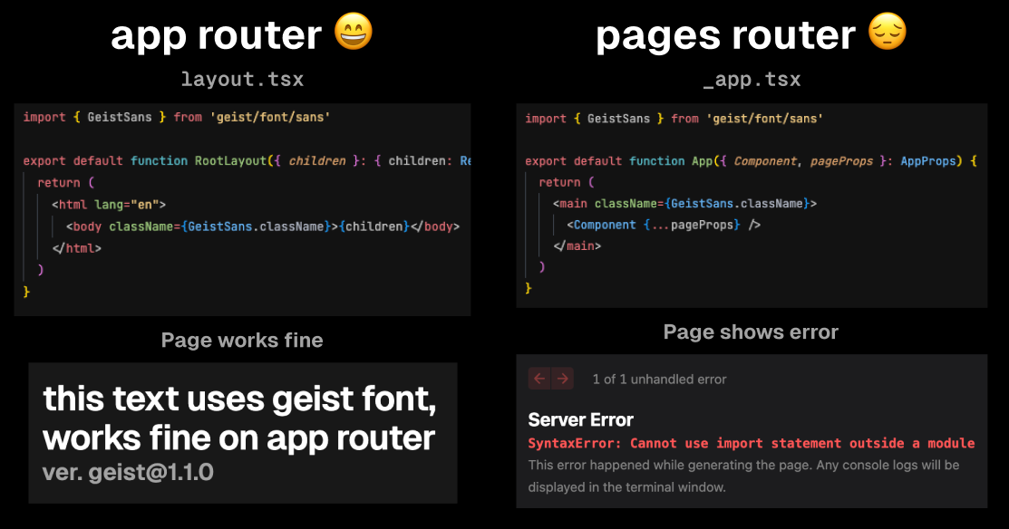 Geist fonts don't work on `pages`, only on `app` router · Issue #59 · vercel/geist-font · GitHub