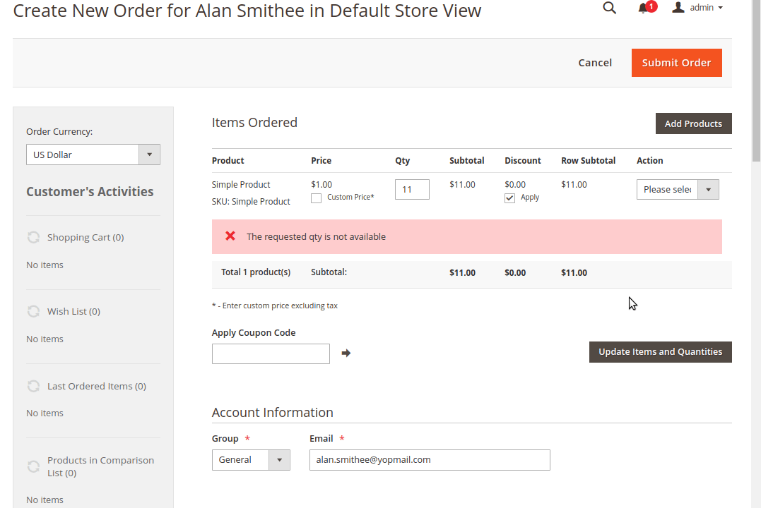 Two "The requested qty is not available" error message appear if try to Submit an order for ...