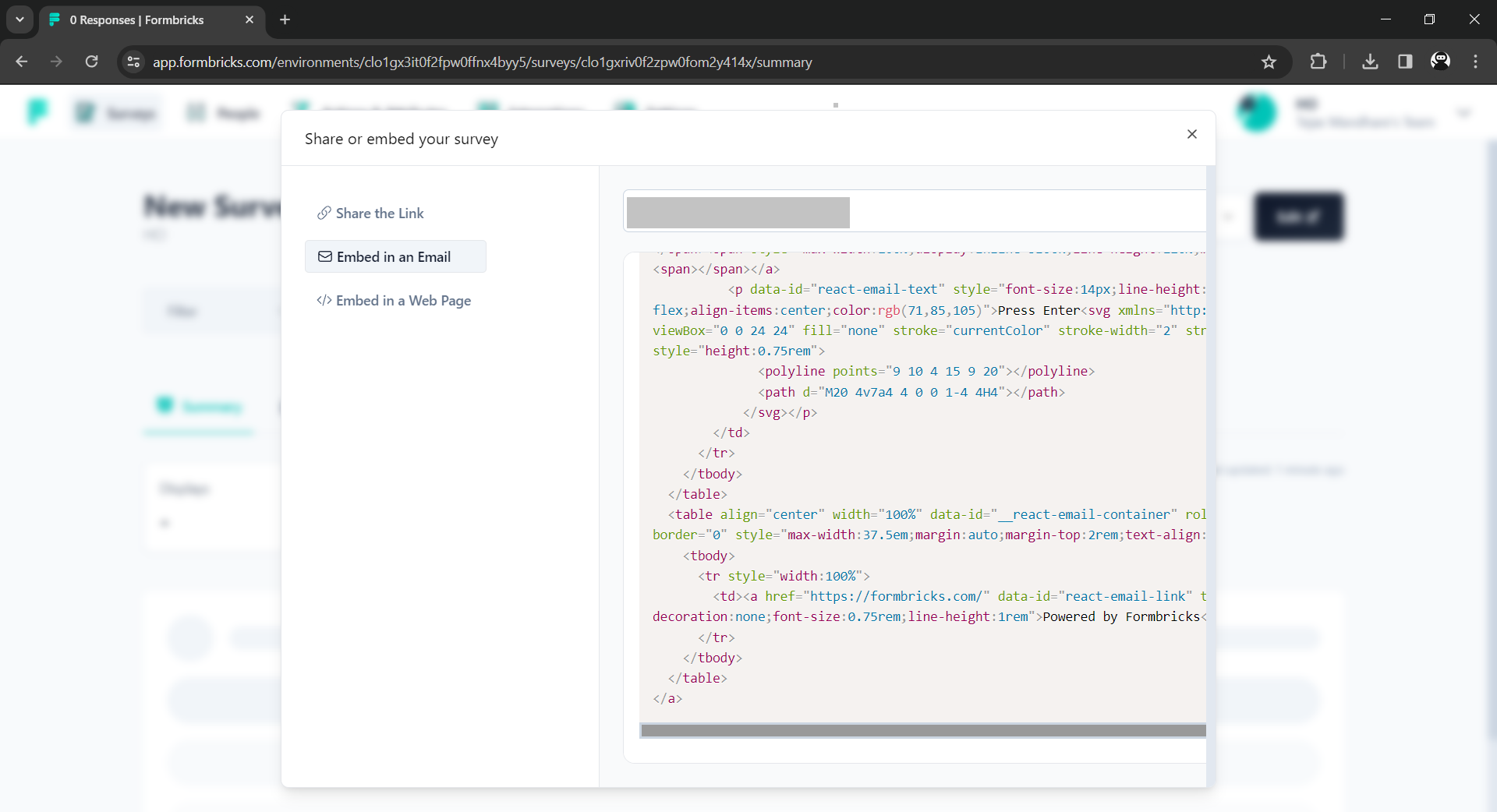[BUG][FormTribe 🔥][50 Points] Overflowing CodeBlock in "Share or embed your survey" modal ...