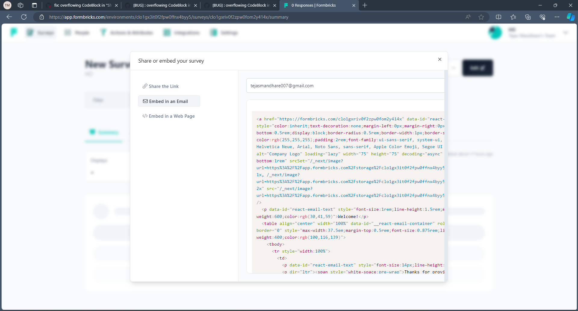 [BUG][FormTribe 🔥][50 Points] Overflowing CodeBlock in "Share or embed your survey" modal ...