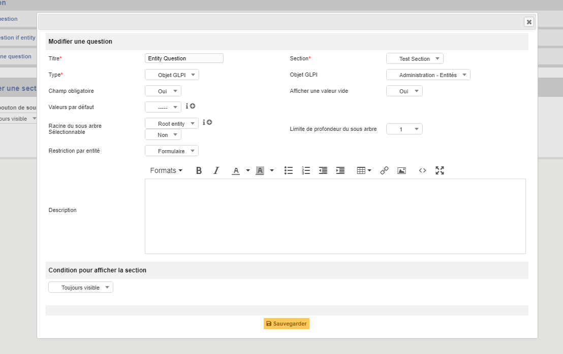 Creating a question with conditionnal display based on a choosen entity AND a regexp filtering ...