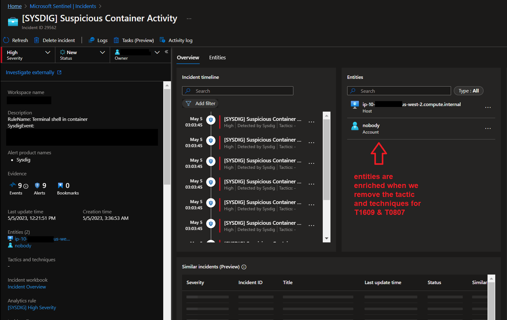 Analytics rules for SysdigSecure_CL with Tactics and techniques: T1609 & T0807 configures ...