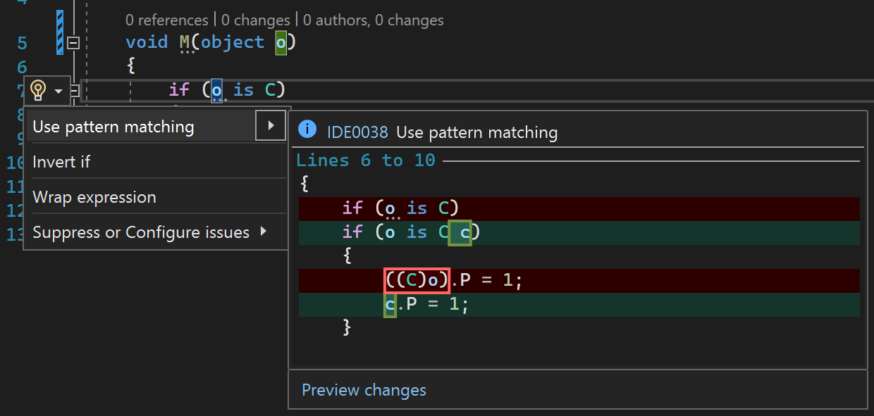 "Use pattern matching" isn't available in some trivial cases · Issue #31835 · dotnet/roslyn · GitHub