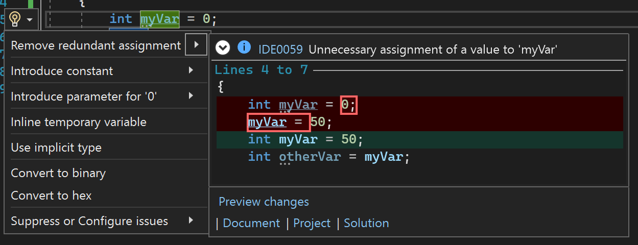 VS 2017 C# redundant assignment suggestion not shown · Issue #50059 · dotnet/roslyn · GitHub