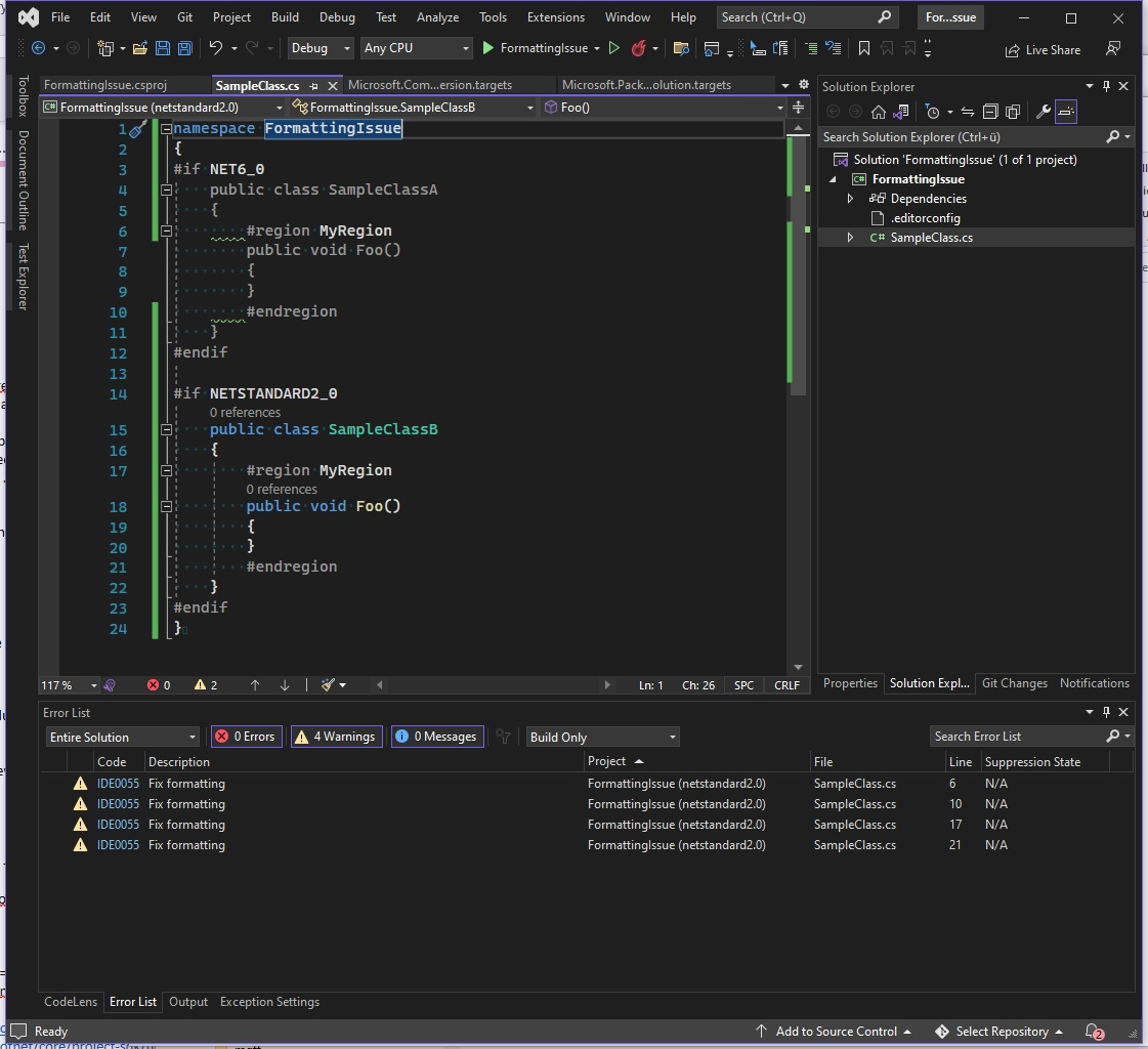 False IDE0055 (Fix formatting) reported when using multiple ...