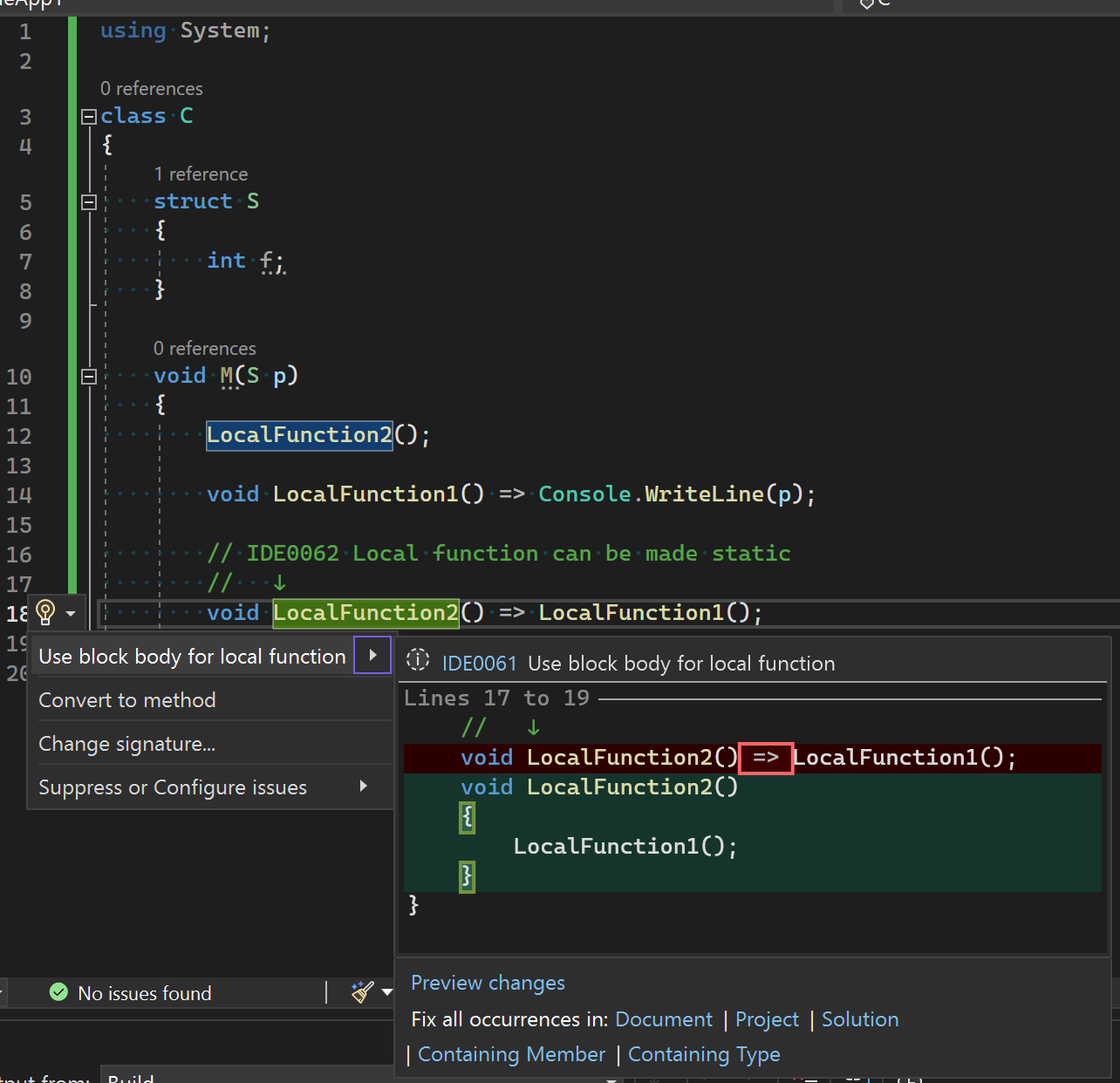 Invalid "IDE0062 Local function can be made static" when local function calls a local function ...
